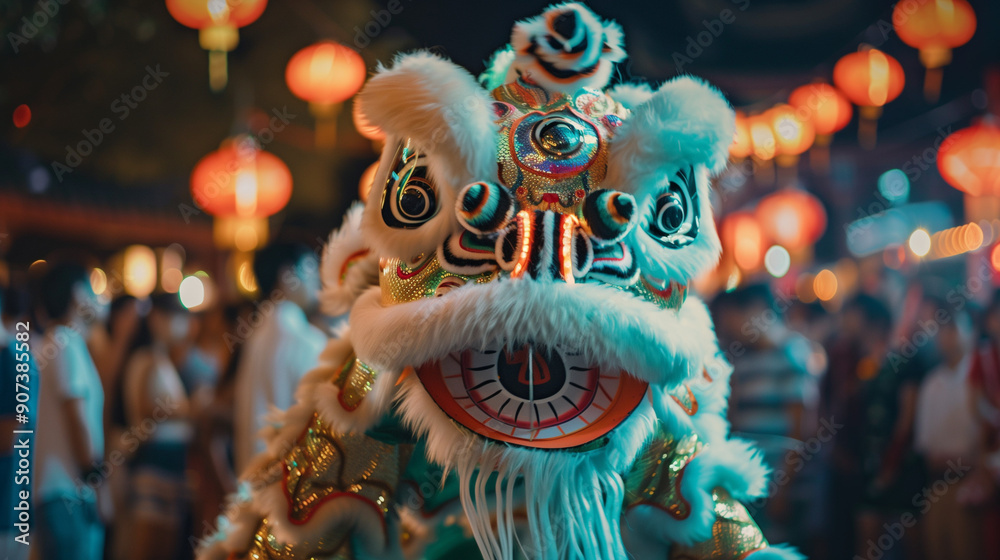 Lion dance performance at night, green and gold lion dance with ...