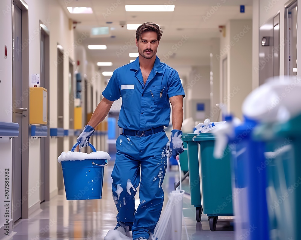Male janitor in blue uniform, with suds bucket, cleaning tools, garbage ...