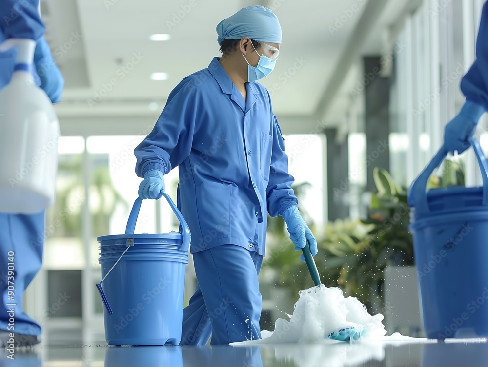 Male janitor in blue uniform with cleaning tools and suds bucket ...