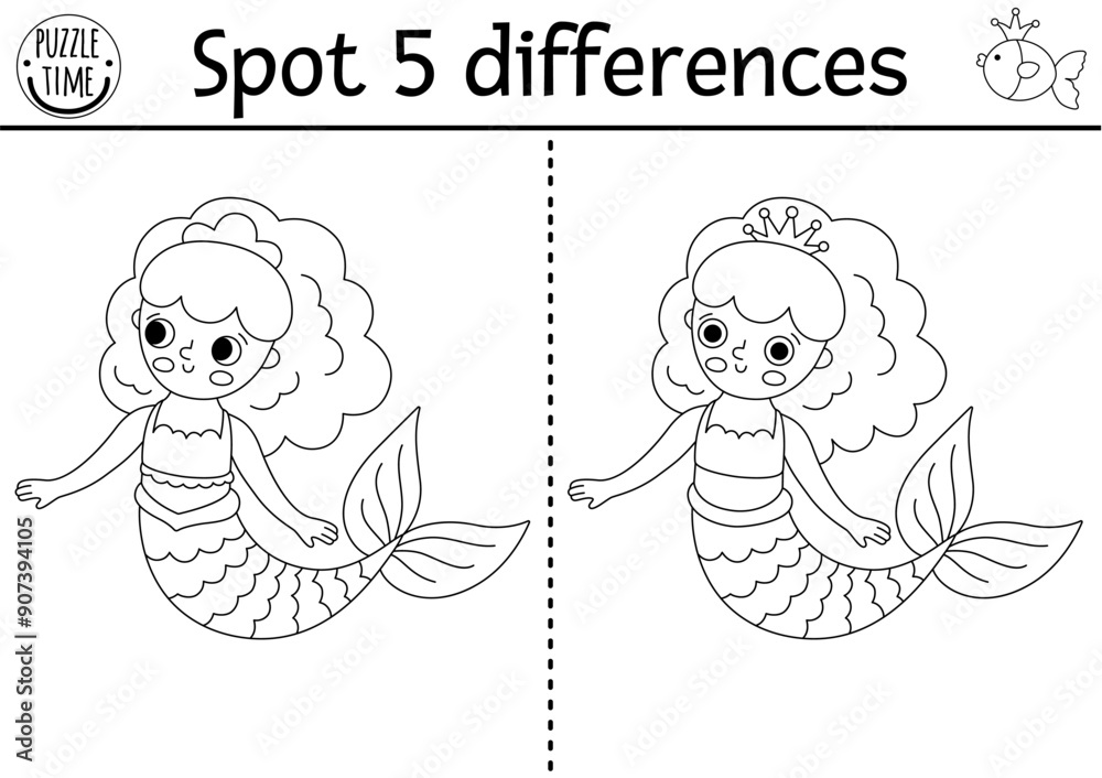 Find differences game for children. Mermaid black and white educational ...