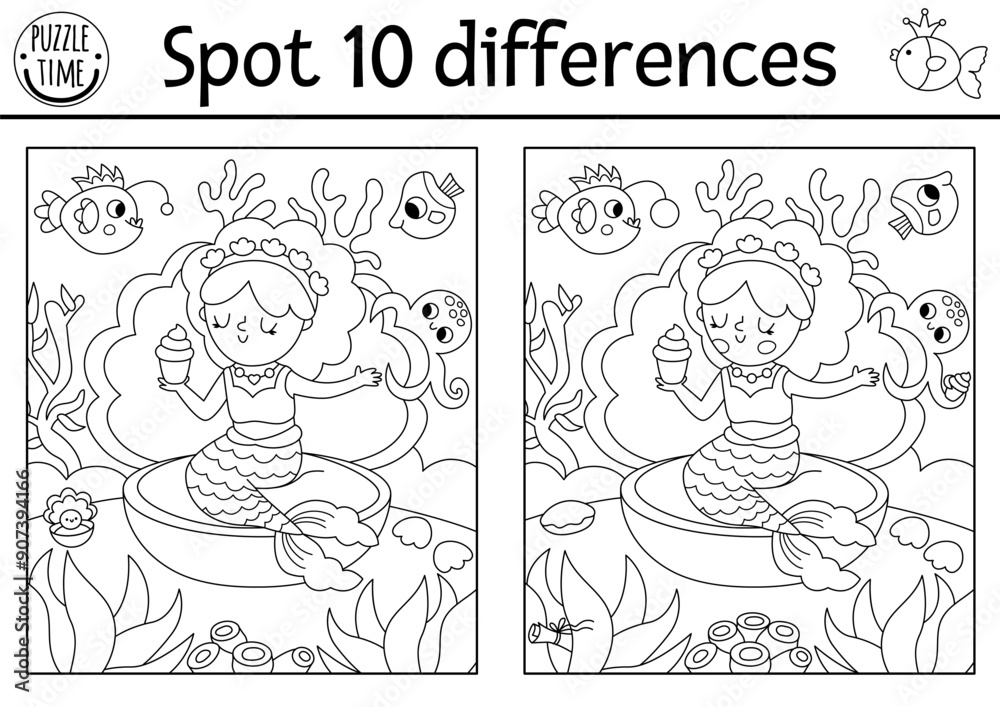 Find differences game for children. Mermaid black and white educational ...