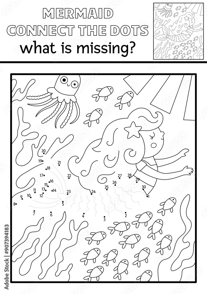 Vetor do Stock: Vector mermaid black and white dot-to-dot activity with ...