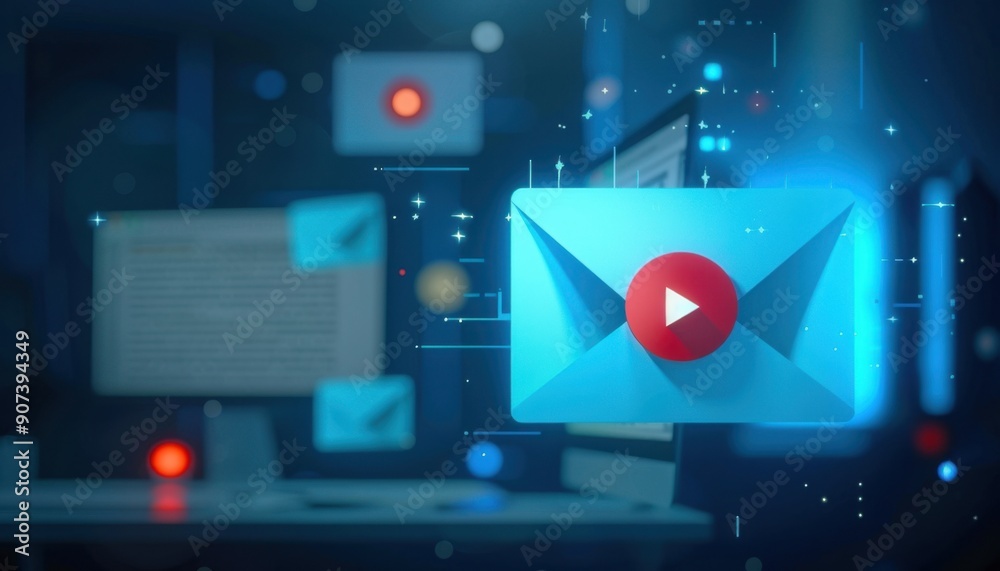 Digital Email With Play Button Icon in Front of Computer Monitors Stock ...