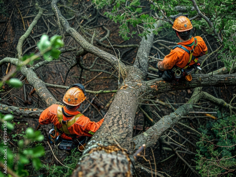 Two tree workers in orange gear safely navigate a tree, showcasing ...
