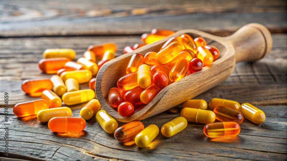 Vibrant orange and yellow capsules of vitamin C and D supplements ...