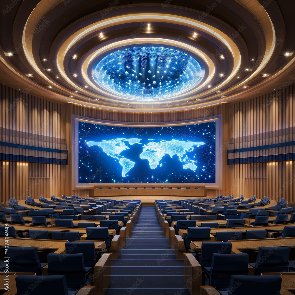 Modern conference hall with a large digital world map display, blue and ...