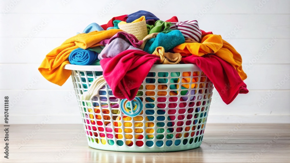 Vibrant colorful laundry basket overflowing with fresh wash, tangled ...