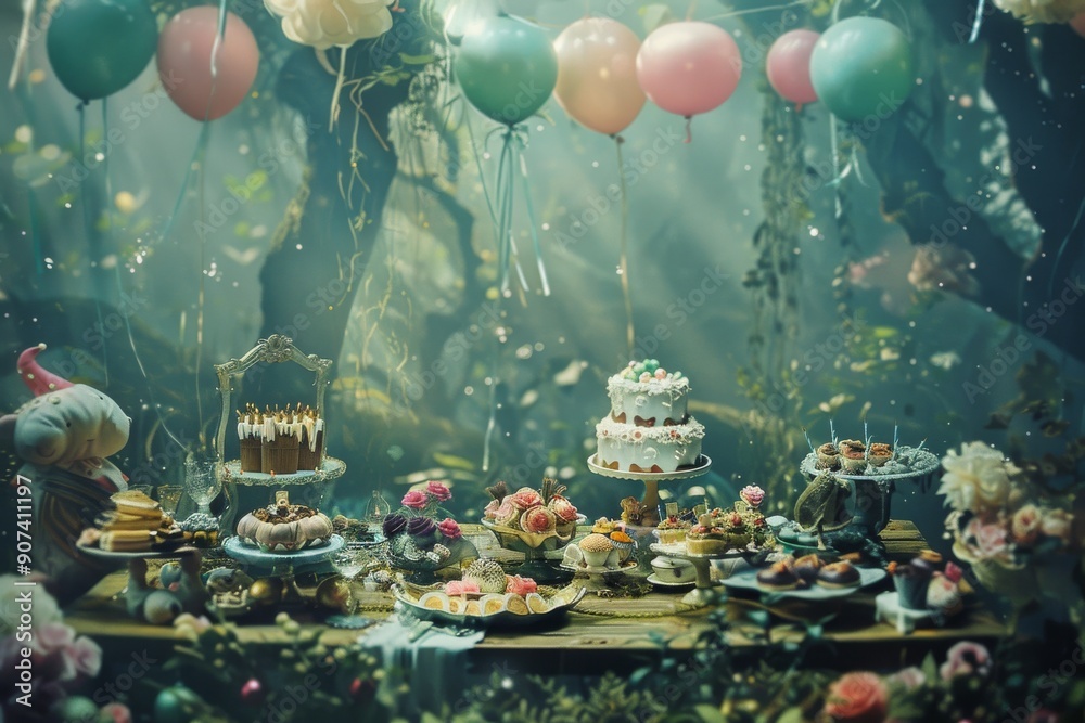 Festive birthday celebration in the woods, complete with a cake, party ...