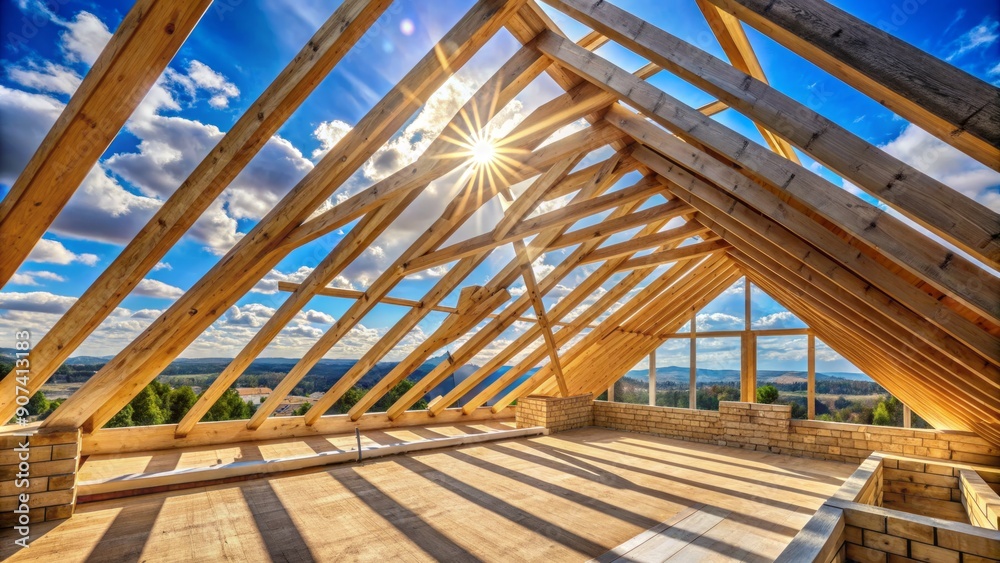 Detailed diagonal view of unfinished attic space with exposed wooden ...