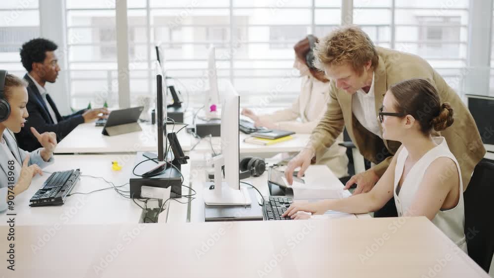 Video frames showcasing a diverse group of office workers engaged in a ...