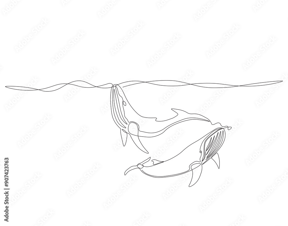 Continuous one line drawing of two blue whale swimming together. One ...