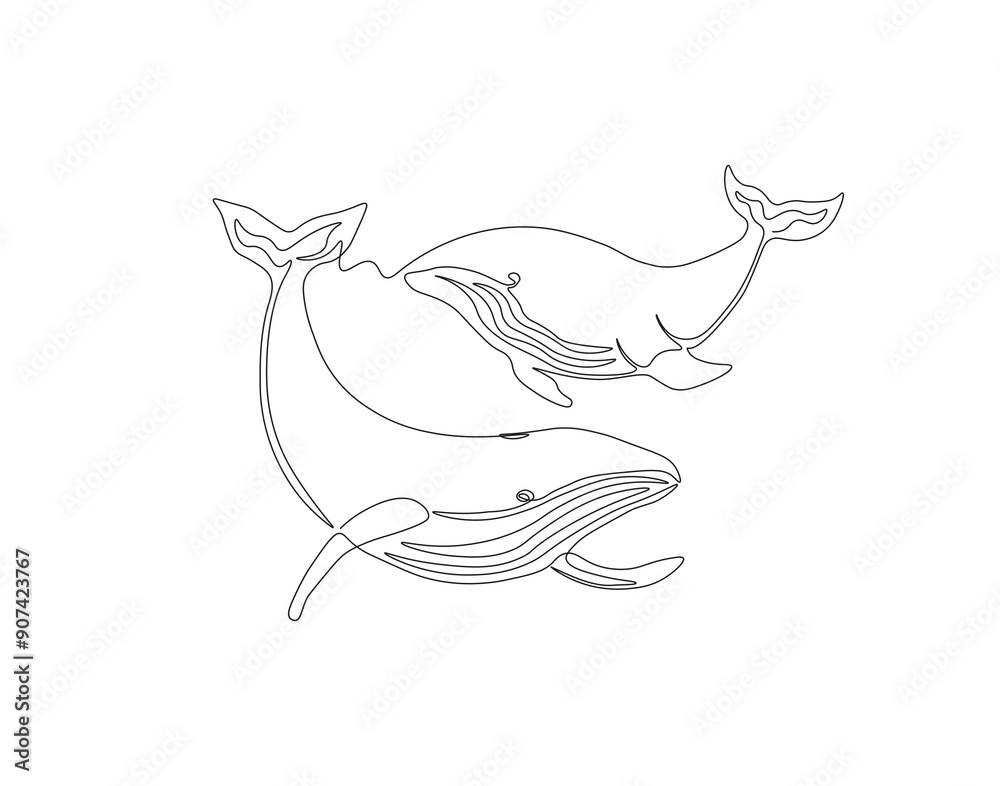 Continuous one line drawing of two blue whale swimming together. One ...