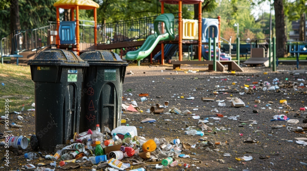 overflowing trash can playground with litter blowing across ground ...