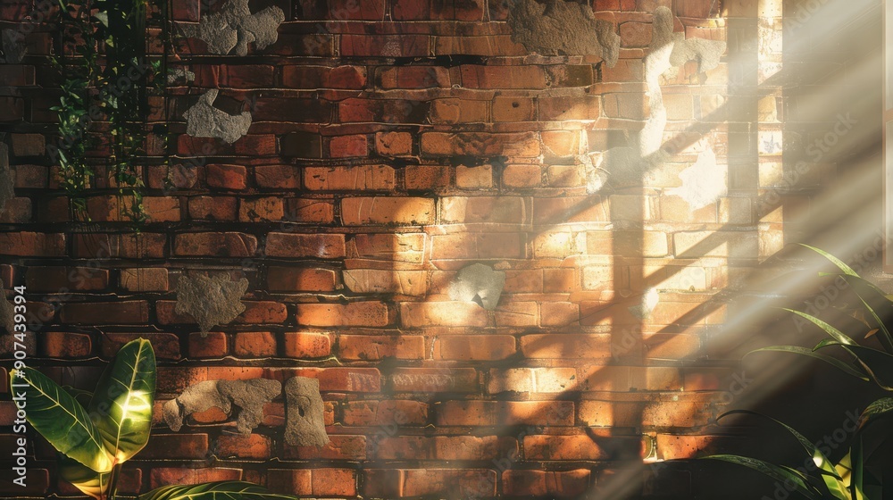 textured brick wall with sunlight streaming through lattice window ...