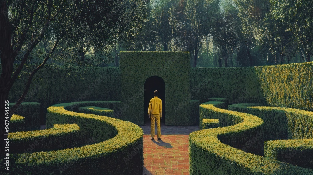 Man in Yellow Suit at Maze Archway - A man in a yellow suit stands ...