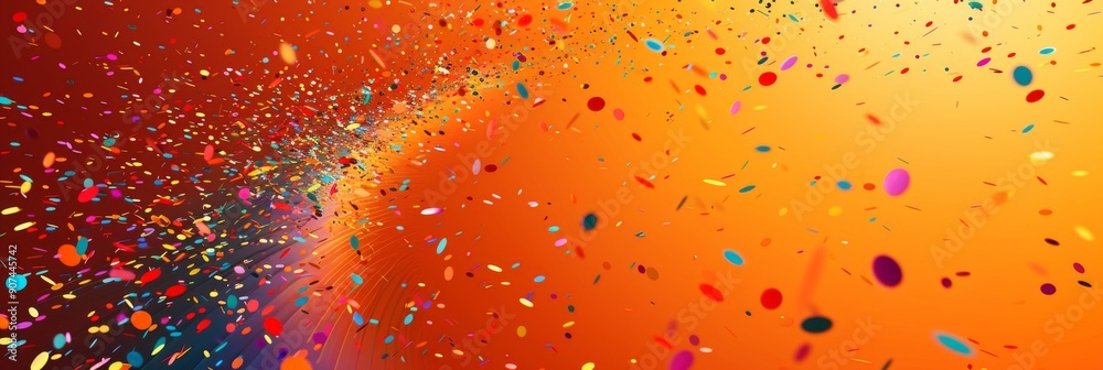 Vibrant Orange Background with Abstract Spiral of Colored Confetti and ...