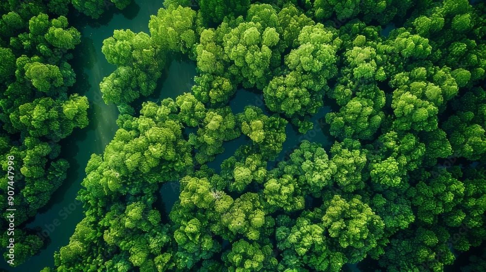 Aerial top view of mangrove forest. Drone view of dense green mangrove ...