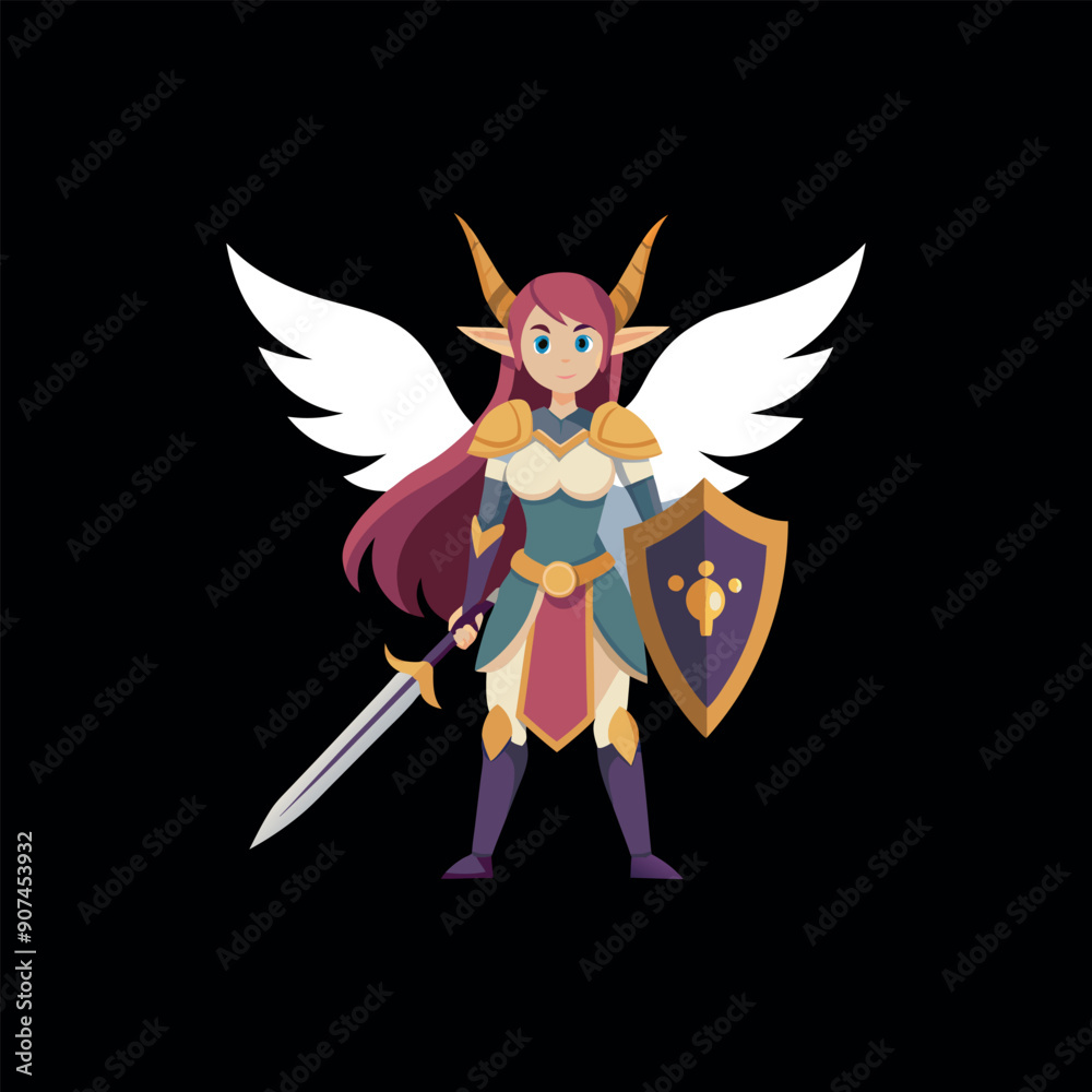 color full knight girl with a totem sword and a beautiful winged shield ...