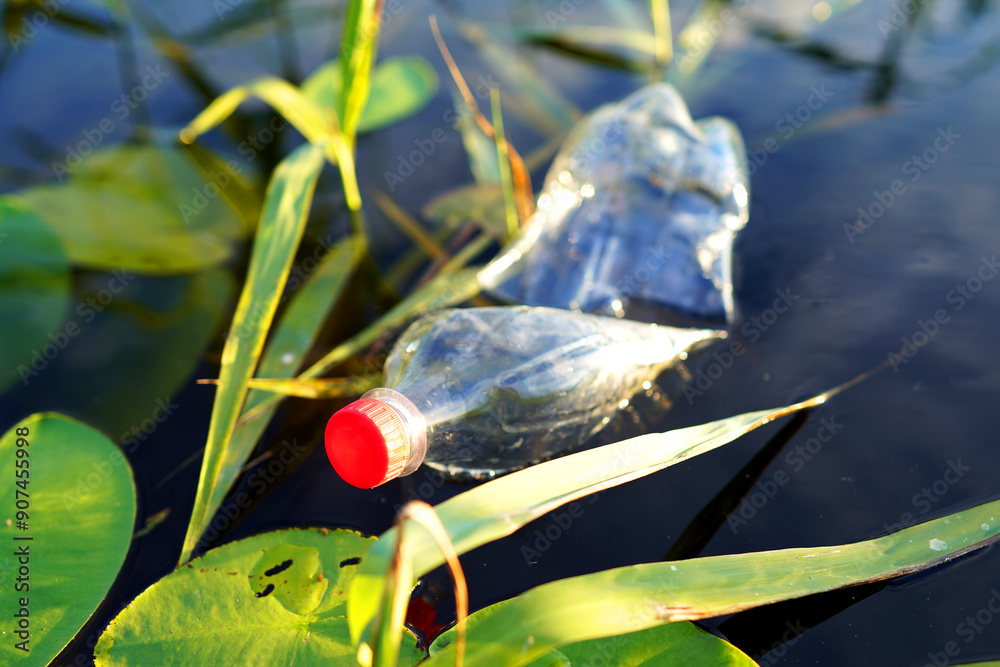 Plastic bottle waste in lake. Marine plastic pollution. Microplastics ...