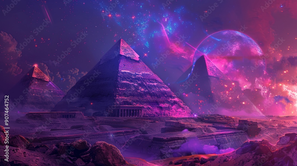 Digital art of the Pyramids in Egypt with a cosmic background ...