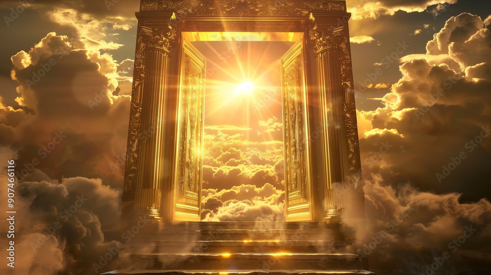 Epic golden gates of heaven with radiant sun rays and fluffy clouds ...