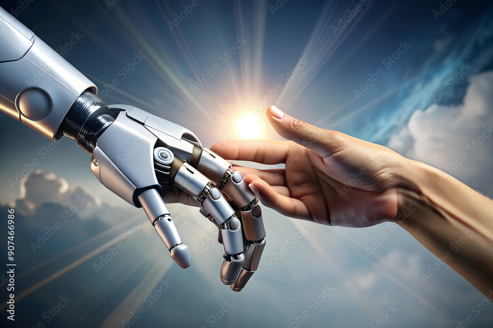Futuristic Robot Arm Touches Human Hand in Humanity and Artificial Intelligence Unifying Gesture ...