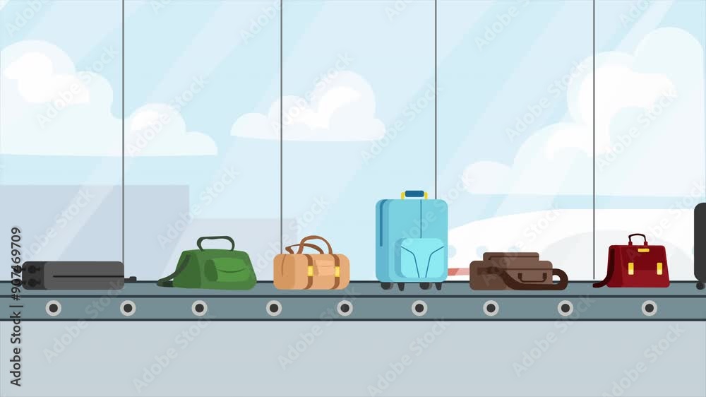 4k Animated footage of a conveyor belt carrying various bags and ...