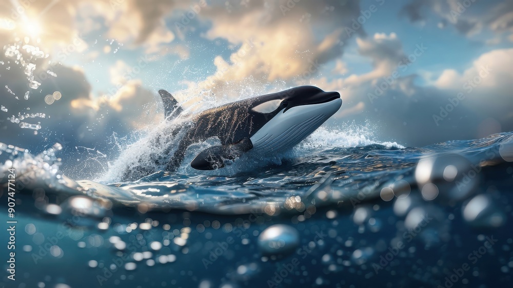 Killer whale chasing school of fish, underwater chase, bubbles, sand ...