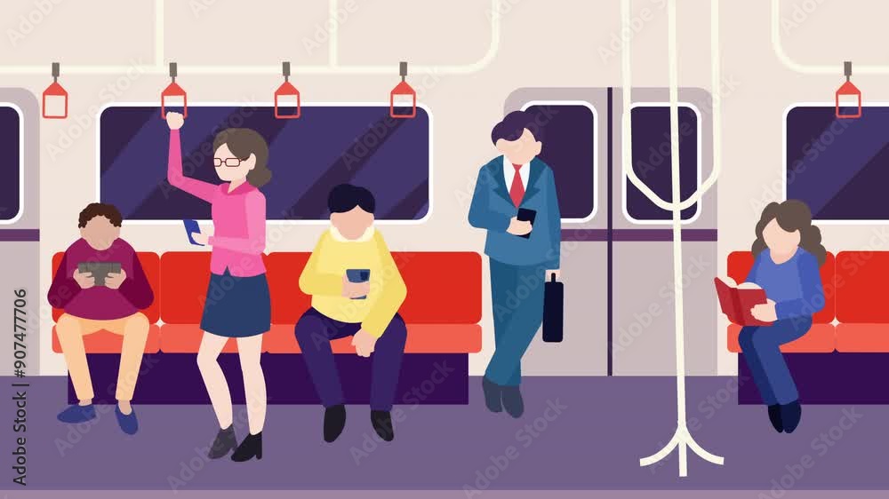 Animated Subway Scene. A group of cartoon commuters on a subway train ...
