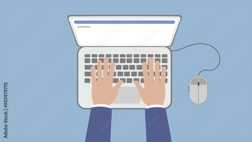 4k, Animated video in cartoon style showing hands typing on a keyboard ...