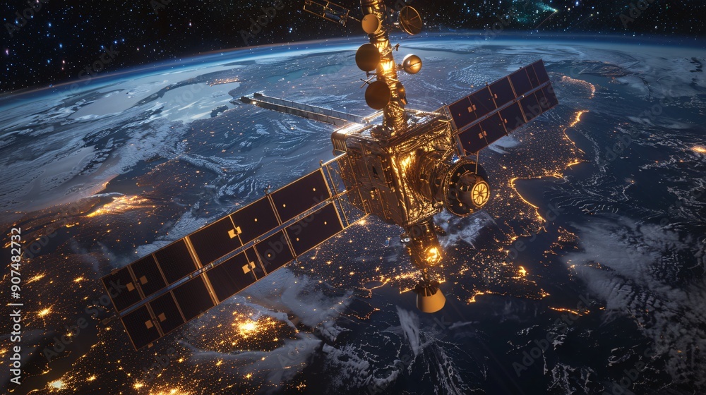 A comprehensive satellite, with fully extended solar panels, traverses ...