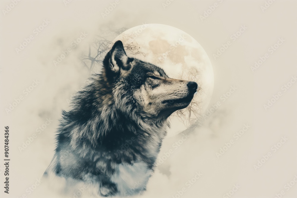 Majestic wolf howling at the full moon in a misty forest Stock Illustration | Adobe Stock