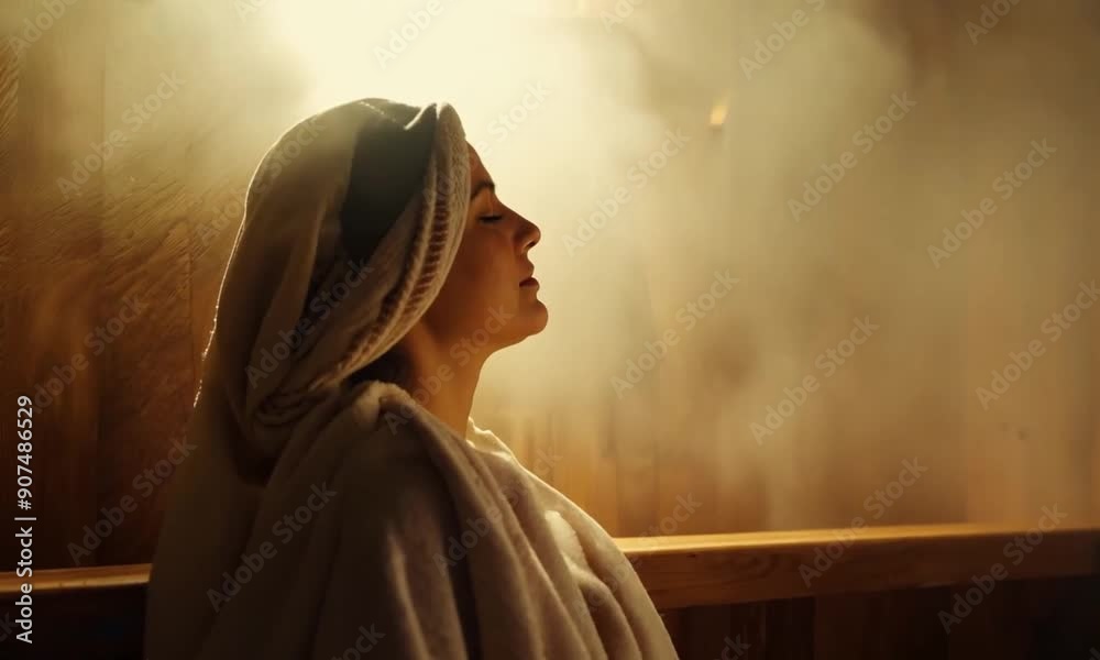 Young woman relaxing and sweating in hot sauna wrapped in towel. Girl ...