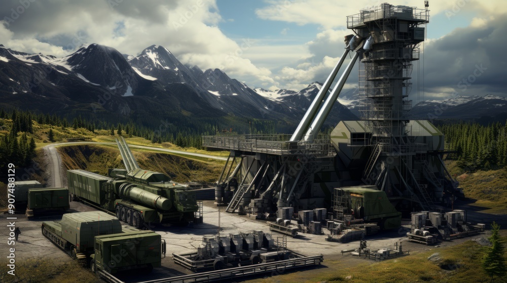 Anti air missile launch system in military base territory. Neural ...