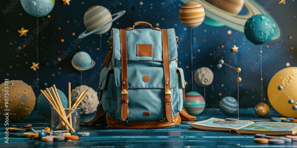 Blue backpack with brown straps on a desk, surrounded by a model solar ...