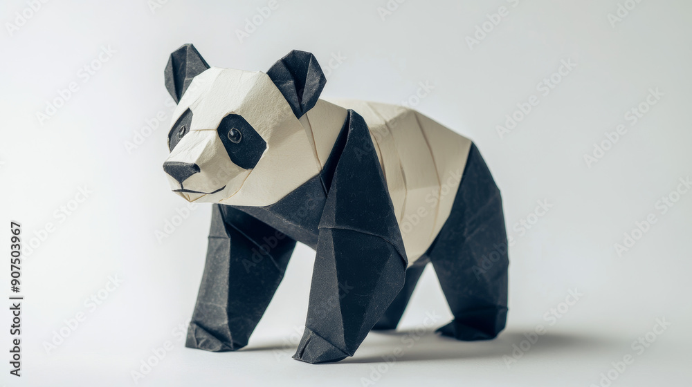 Animal-shaped origami of a black and white panda bear on a white ...