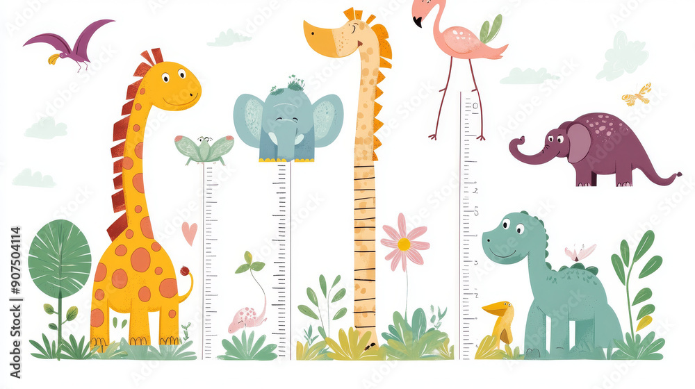 Animal-themed wall rulers for kids help measure their height. With ...
