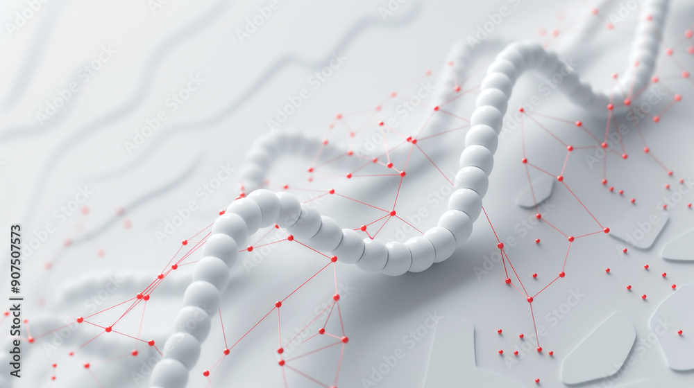 ภาพประกอบสต็อก Genetic Data Stream: A white DNA strand with red node ...