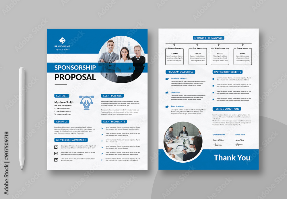 Sponsorship Proposal Layout With Blue Accents Stock Template | Adobe Stock