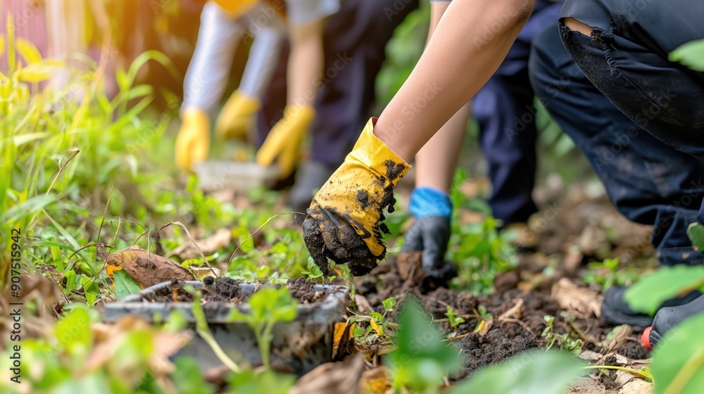 Team of pest control experts setting traps and bait stations around a ...