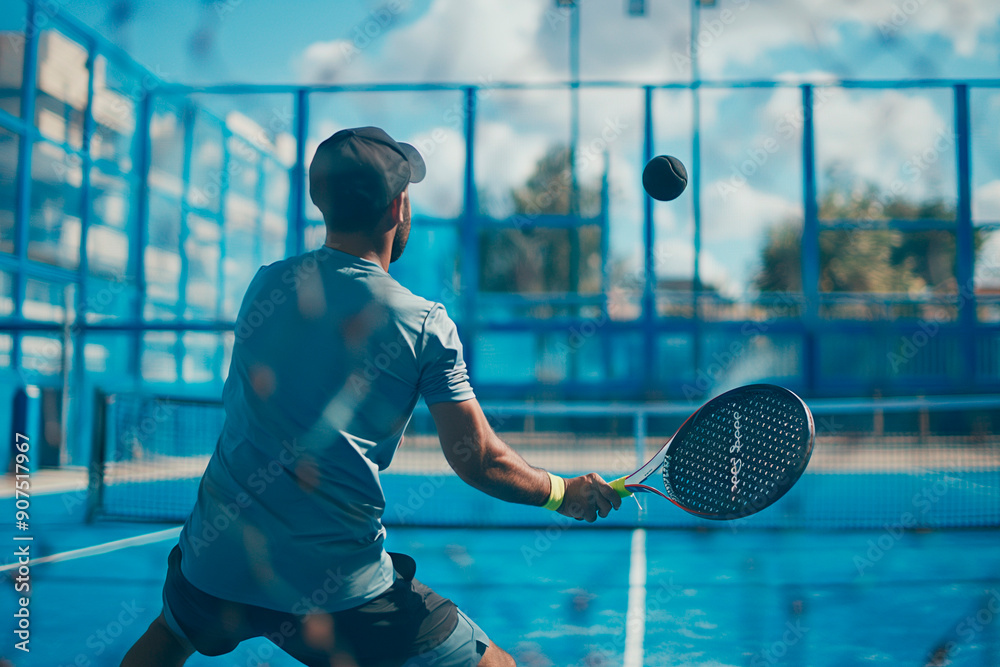 Padel male athlete playing in a championships game on a blue tennis ...