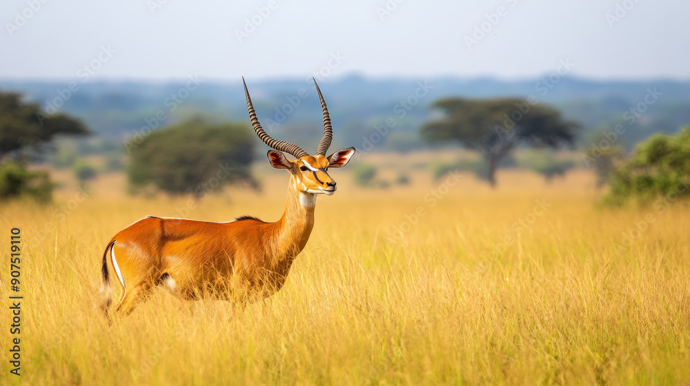 Ugandan antelope known as kob roaming in the golden fields of Murchison ...