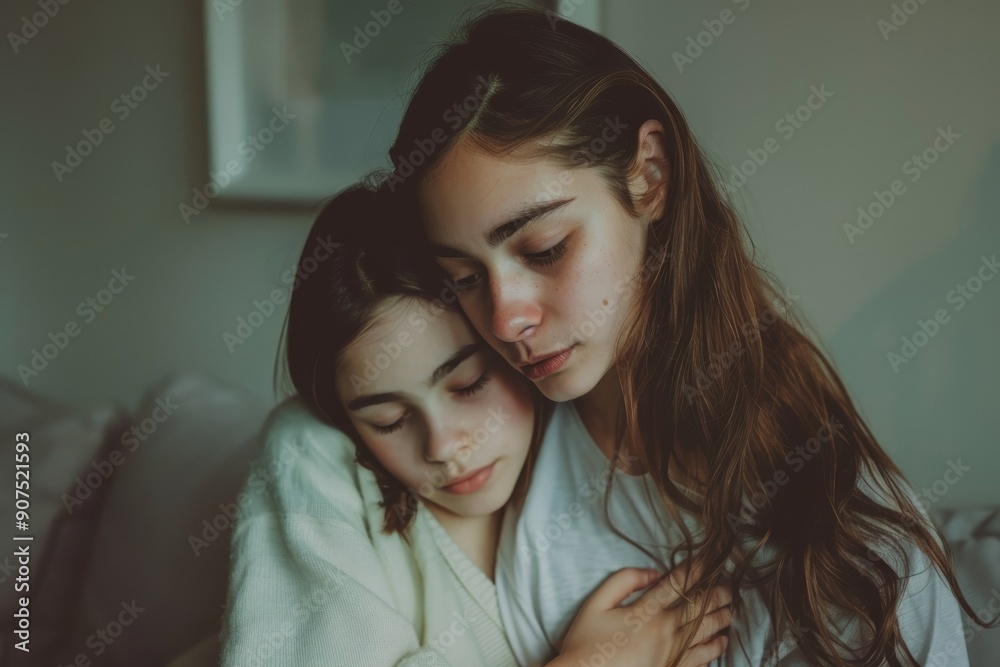 Empathic mom embracing calming down upset teen daughter helping and supporting, mother ...