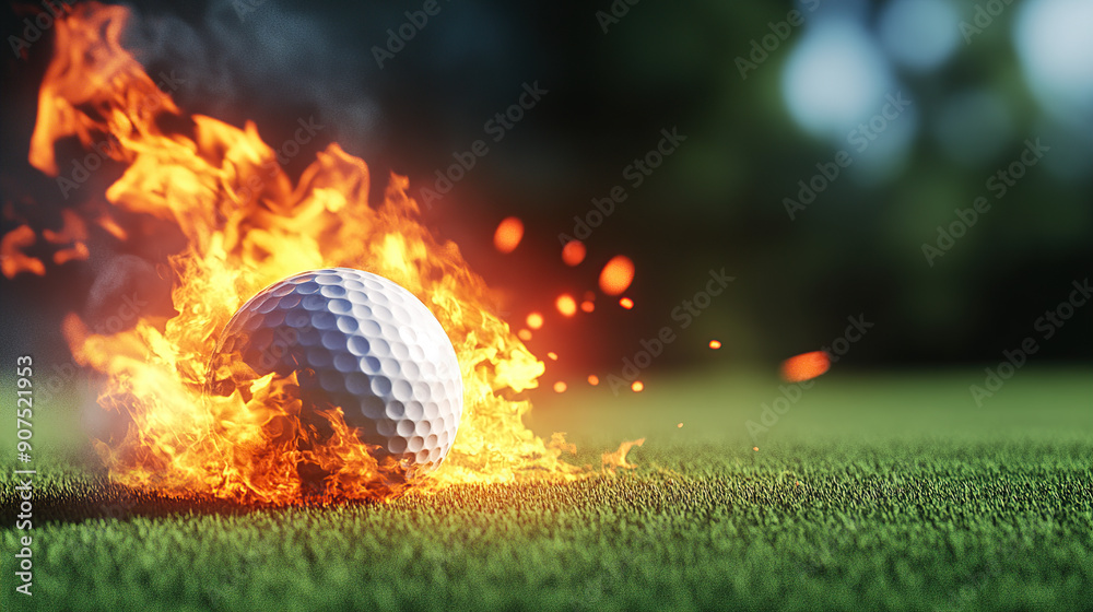 Golf ball on fire with flames and smoke on the green grass of golf ...