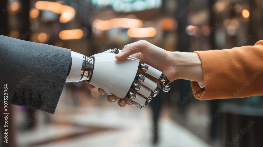 Human and Robot Handshake in Modern Setting - Close-up of a handshake ...