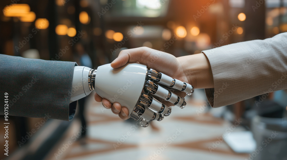Human and Robot Handshake in Modern Setting - Close-up of a handshake between a human hand and a ...