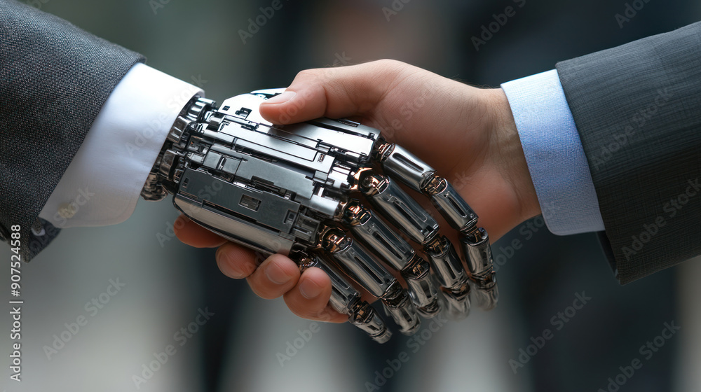 Human and Robot Handshake in Modern Setting - Close-up of a handshake between a human hand and a ...