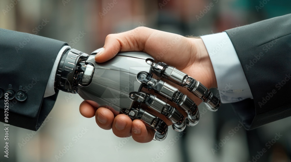 Human and Robot Handshake in Modern Setting - Close-up of a handshake ...