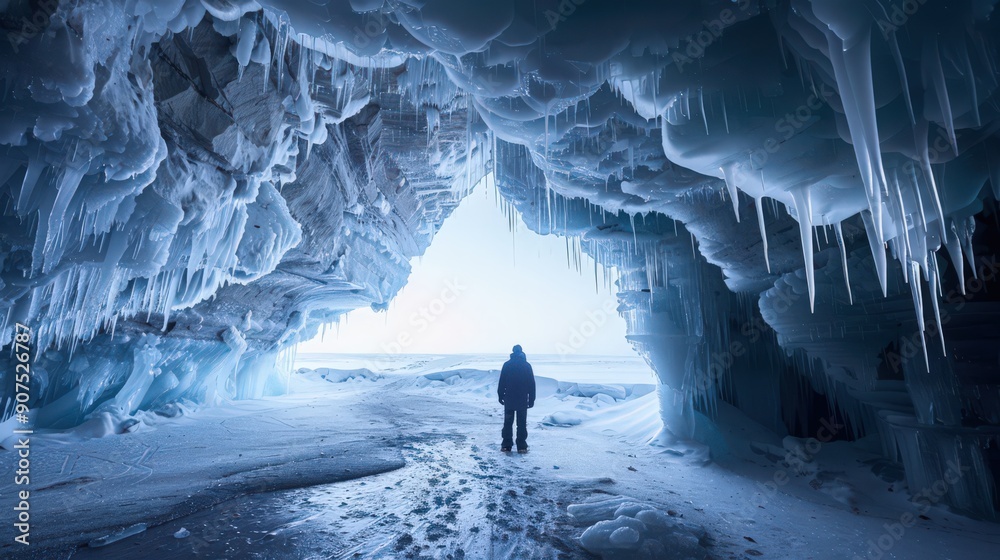 An adventurer explores frozen caves and icy caverns in cold weather ...