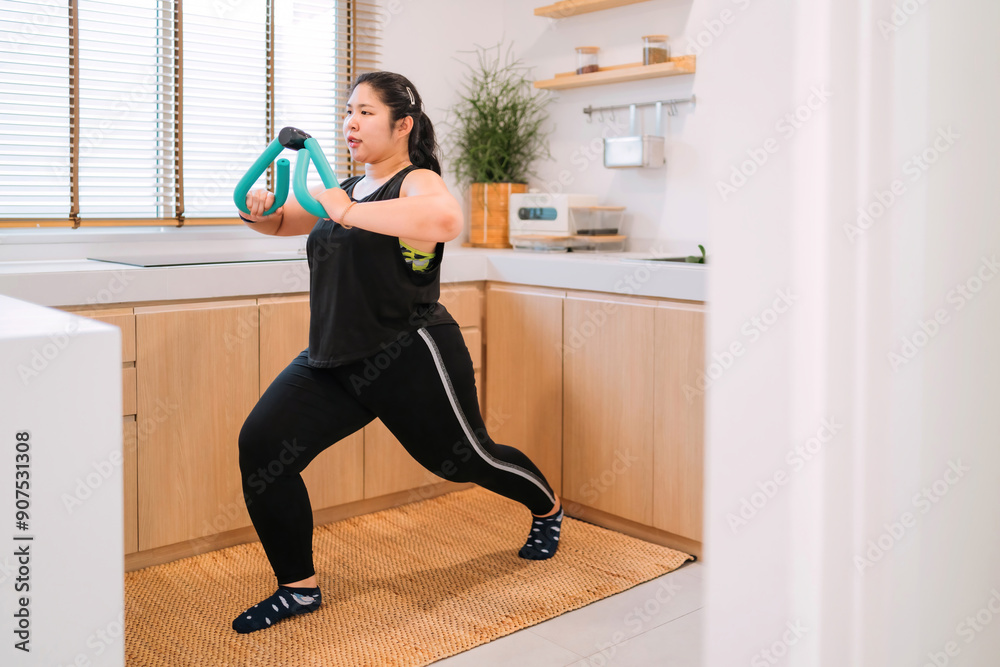fat woman using fitness device exercising in kitchen. overweight woman ...